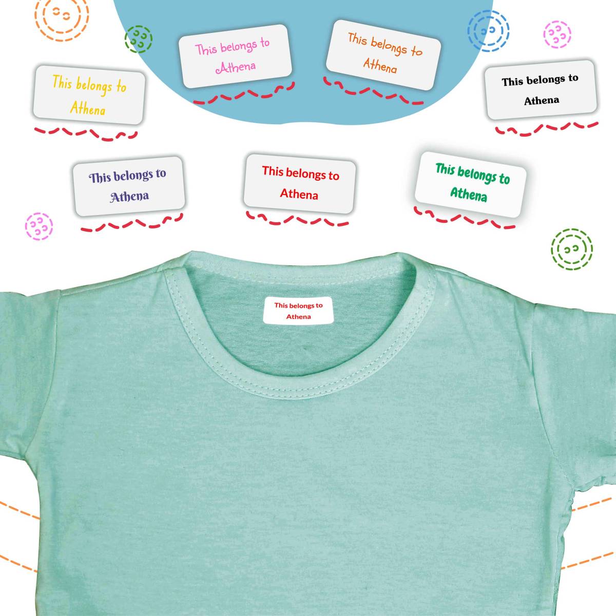 Clothing Name Stickers. Peel and stick on clothes, hats and scarves.